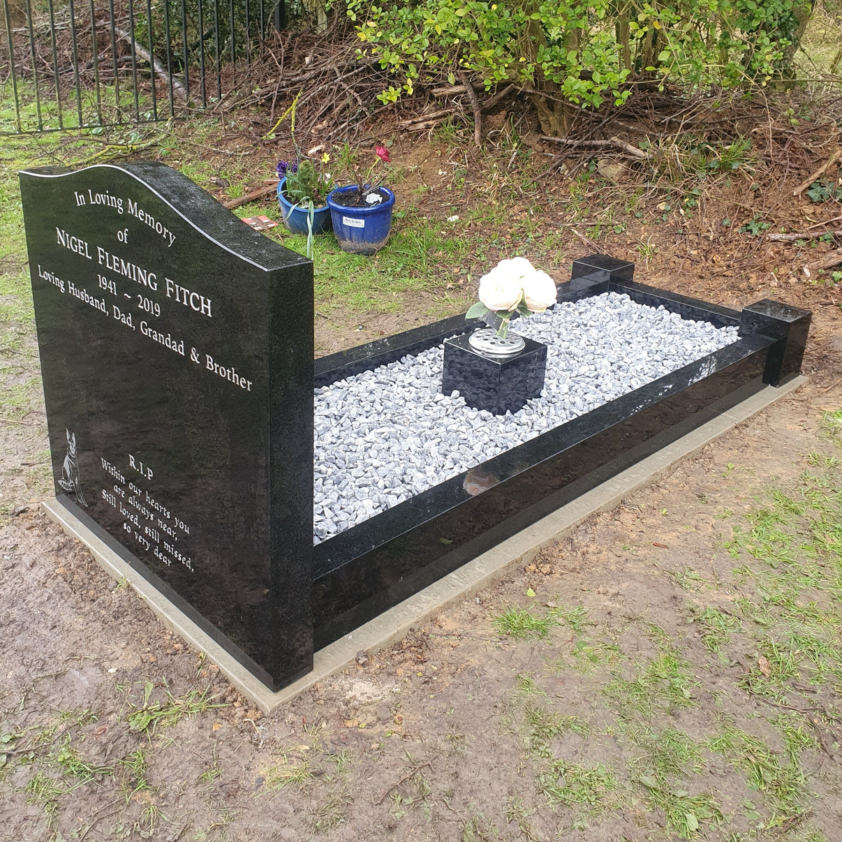 Ogee headstone with kerbs and corner posts – A. Clarke Memorials